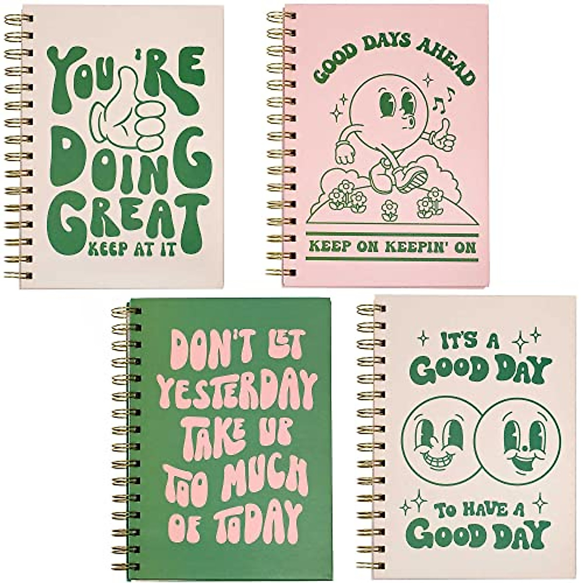 Pink Green Aesthetic Hardcover Notebooks for Work, A5 size 5.8 x 8.3 inch, Cute Notebooks for School 4 Pack, Retro Notebooks College Ruled, Cute Spiral Journal for Women, Kids Back to School Notebook