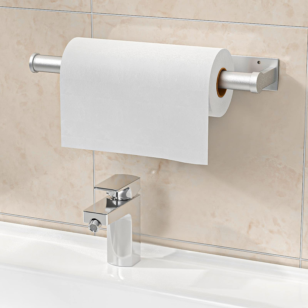 Paper Towel Holder Wall Mount, KeeGan 13 Inch Black Paper Towel Holder Self Adhesive Paper Towel Holder Under Cabinet with Screws, Vertically or Horizontally (Silver)