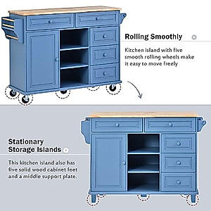 OTRIEK Kitchen Island, Kitchen Cart for Home with Rubber Wood Desktop, Rolling Serving Utility Trolley Cart on Wheel with Storage and 5 Draws, Kitchen Serving Cart for Dining Room, Bar (AAG-Blue)