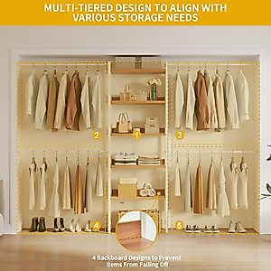 DWVO Closet Organizer System for Bedroom, Adjustable Heavy Duty Garment Rack Walk In Closet System, 4 Expandable Hanger Rods 5-Tier Wood Closet Storage Shelves with Backplane, Fits 6-9 ft Space, White