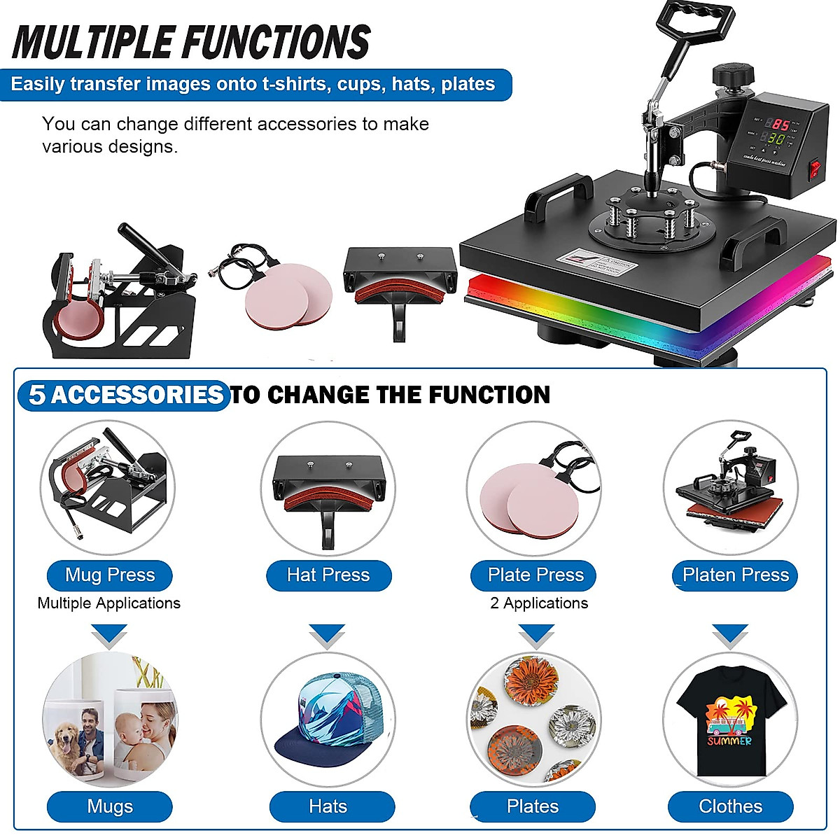TOPDEEP 5 in 1 Heat Press Machine, Heat Press 15x15 inch, T Shirt Pressing Machine Slide Out Design, Multifunction Heat Press Transfer Machine Sublimation Combo for T-Shirt/Hat/Mug/Plate