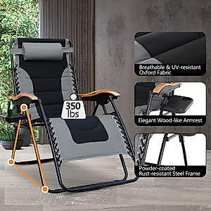 PHI VILLA XL Oversize Zero Gravity Chair Padded Recliner Oversize Lounge Chair with Free Cup Holder,Support 350 LBS (Grey)