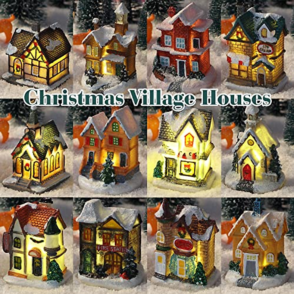 Kajaia 12 Pieces Christmas Winter Houses Village with 12 Pieces Trees Lamp LED Lights Christmas Winter Village Town Buildings Accessories for Thanksgiving Halloween Village Figurine Desktop Decor