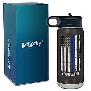 Cuptify Personalized Distressed Blue Line Police Flag on Black Sports Bottle with Straw 20 oz Stainless Steel Vacuum Insulated Bottle Gift for Police, Academy, Graduation