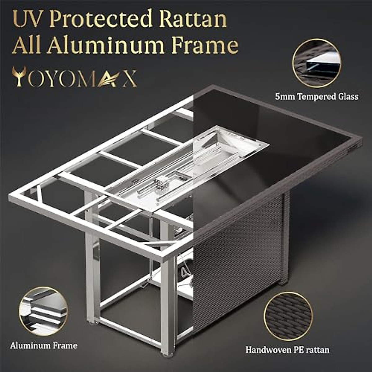 Yoyomax 44-Inch Black Glass Top Firepit Table 60,000 BTU Flame, Hand Weave Rattan, Aluminum Frame, Wind Guard, Waterproof Cover & Fire Beads, Outdoor Fire Table for Patio, Garden, Resto Hotel