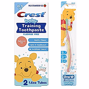 Crest & Oral-B Baby Toothbrush and Toothpaste Training Kit for Infant and Toddler Age 0-3, Fluoride-Free, (2) Gel Toothpastes 1.6 oz ea. + (4) Toothbrushes, Disney's Winnie the Pooh