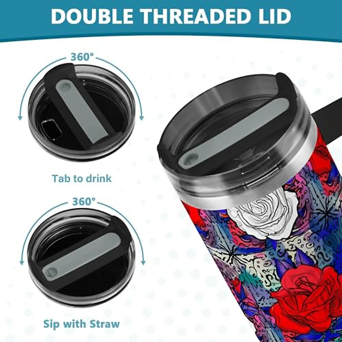SDMKA 40oz Stainless Steel Tumbler with Straw and Handle, Vacuum Insulated Double-Walled Travel Mug, BPA-Free Leakproof Cup for Hot/Cold Beverages, Bold Red Roses