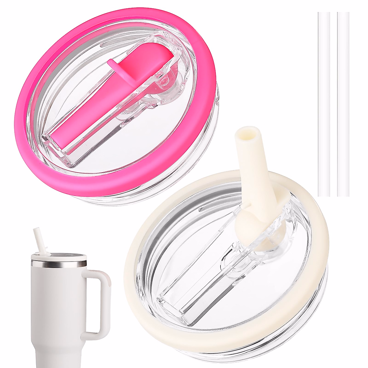 2 Pack 40 oz Tumbler Flip Straw Lid Replacement fit for Stanley Quencher, Spill Proof Tumbler Cover for Stanley Cup (white rose)