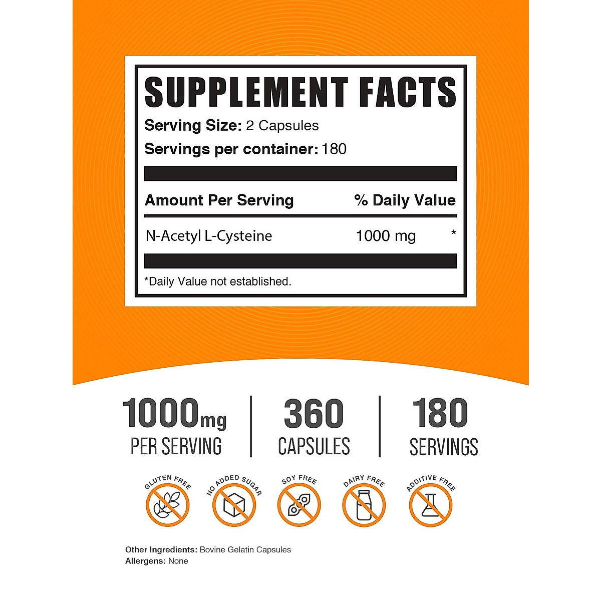 BulkSupplements.com N-Acetyl L-Cysteine 1000mg Capsules - N-Acetyl Cysteine 1000mg, NAC Supplement - NAC 1000mg, Gluten Free - 2 Capsules per Serving, 360 Capsules (Pack of 1)