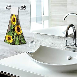 Vintage Sunflowers Kitchen Towels Sets Summer Wood Board Hanging Hand Towel Dish Towel with Loop 2PCS, Soft Super Absorbent Dishcloths Fingertip Towel for Bathroom Washroom Guestroom Hotel 12x17 In