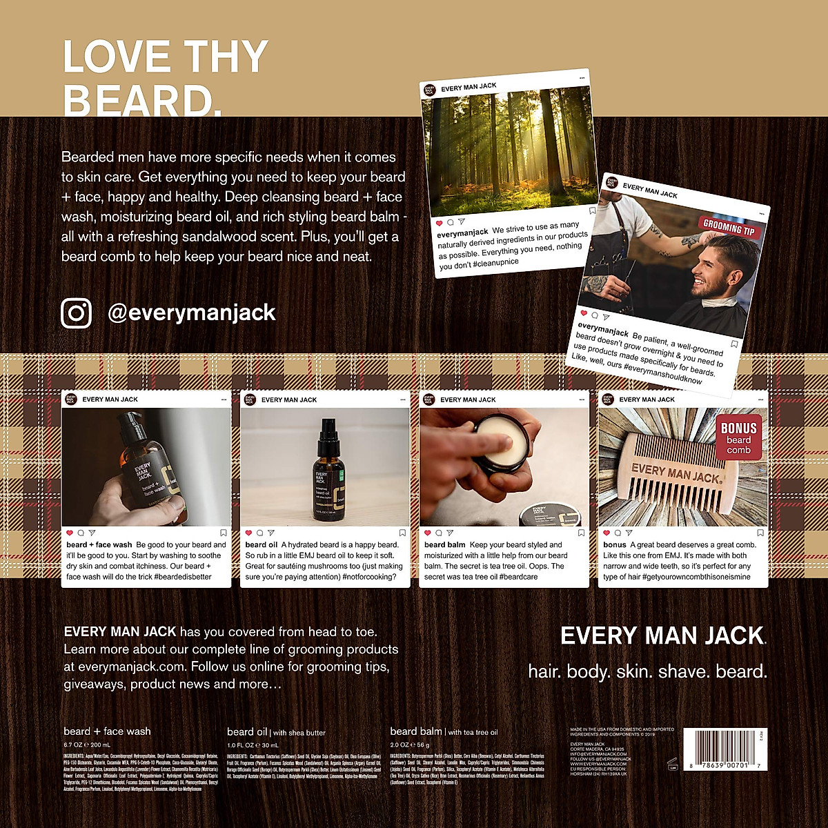 Every Man Jack Mens Sandalwood Beard Kit - Perfect for Every Guy - Includes Four Full-Sized Grooming Essentials - Beard + Face Wash, Beard Oil, Beard Balm + Beard Comb