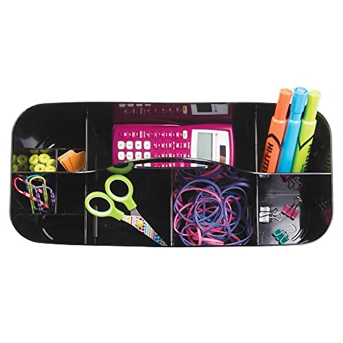 mDesign Large Plastic Divided Office Storage Organizer Caddy Tote with Handle for Cabinet, Desk, Workspace - Holds Desktop Supplies, Pens, Pencils, Markers, Staplers - Lumiere Collection - Black