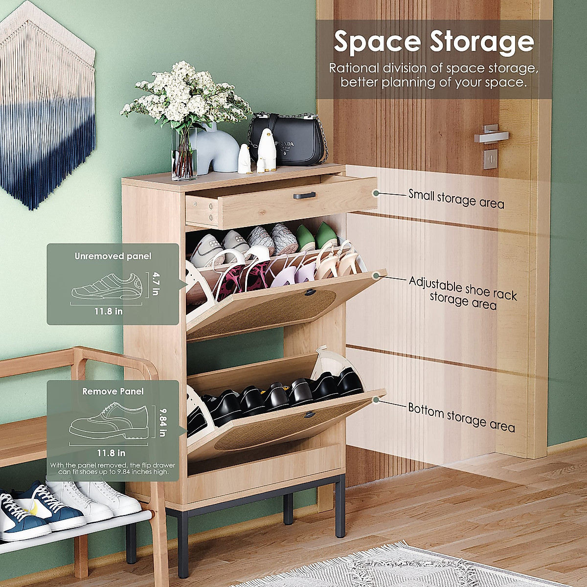 Yechen Shoe Rack Storage Organizer with 2 Natural Semi-Circular Rattan Doors, Entryway Wooden Shoe Cabinet for Sneakers, Leather Shoes, High Heels, Slippers (1 Piece, Oak)