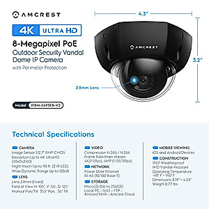 Amcrest UltraHD 4K (8MP) Outdoor Security POE IP Dome Camera, 98ft NightVision, 2.8mm Lens, IP67 Weatherproof, IK10 Vandal Resistant Dome, 256GB MicroSD Recording, Black (IP8M-2493EB-V2)