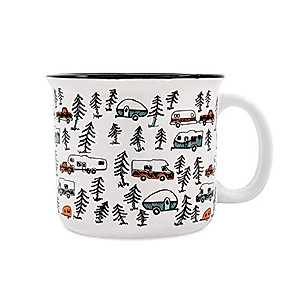 Camco Life is Better at the Campsite Ceramic Mug | Microwave and Dishwasher Safe | White Background with Sketched RVs Design | 14oz. (53383)