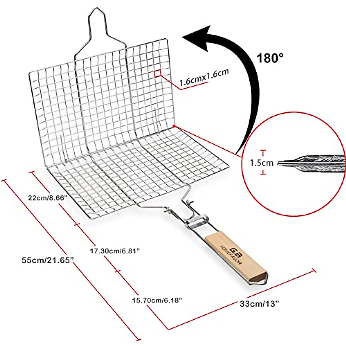 G.a HOMEFAVOR BBQ Fish Grill Basket Food Grade 18/8 304 Stainless Steel, Folding Portable Oak Handle, for Grilling Fish Vegetables Shrimp Meat Steak (Silicone Brush+Pouch+3x12inch Skewers)