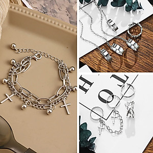 IFKM Vintage Silver Chain Finger Rings Bracelet, Gothic Punk Emo Cross Cool Simple Rings, Adjustable Statement Stackable Rings For Wen Women