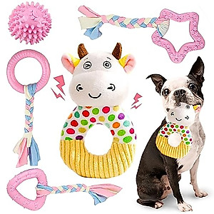 AXIIJGL 5 Pack Puppy Chew Toys Pink Puppy Rubber Teething Toys Girl Dog Toys for Small Breed Dogs Squeaky Plush Teething Cleaning Toys for Puppies Doggie Toys for Puppy Pet Toys for Small Dogs