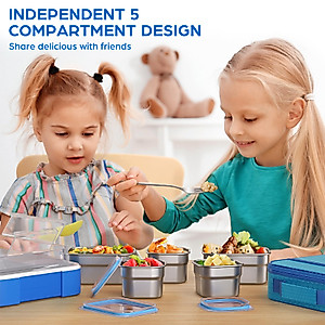 TIME4DEALS Bento Box Stainless Steel Lunch Box Set for Kids Adult 5-Compartment Leakproof Insulated Lunch Containers with Fork Lunch Bag Kits for School Works, Metal Lunchbox Tray BPA-Free (Blue)