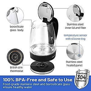 TUMIDY 1.7L Glass Electric Kettle Temperature Control Hot Water Boiler with 5 Colors LED Indicator and Keep Warm Function, 90°Open Fast Boil Auto Shut-Off Tea Heater Stainless Steel Inner Lid & Bottom