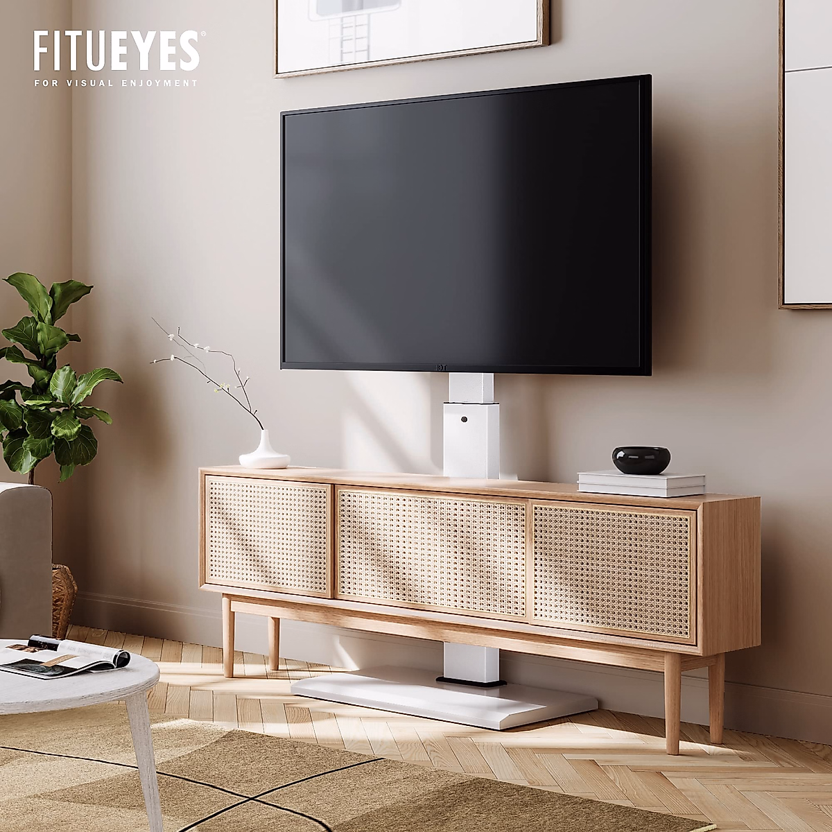 FITUEYES Floor TV Stand with Power Outlet for 26-65 Inch TVs, Swivel TV Stand with Mount Height Adjustable with Iron Base, TV Stand for Bedroom, Living Room Hold Up to 88 lbs, White
