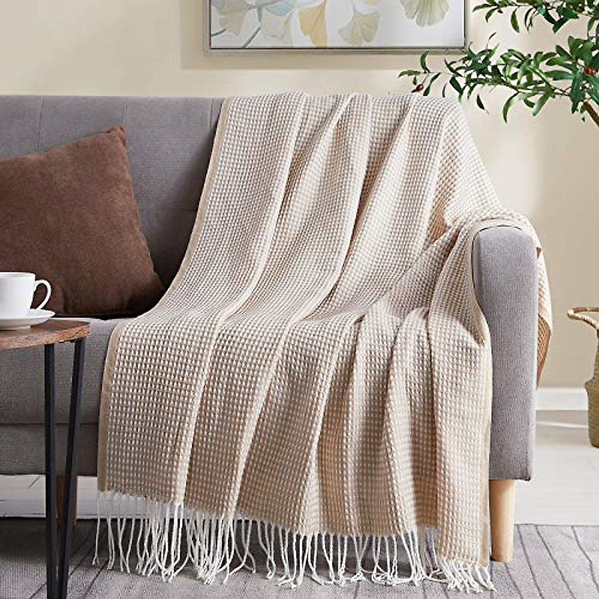 BOURINA 100% Acrylic Waffle Thermal Blanket for  Home Decoration Soft Lightweight Blanket  Breathable and Moisture Absorption for All Season for Couch/Bed,50 x 60'' Beige