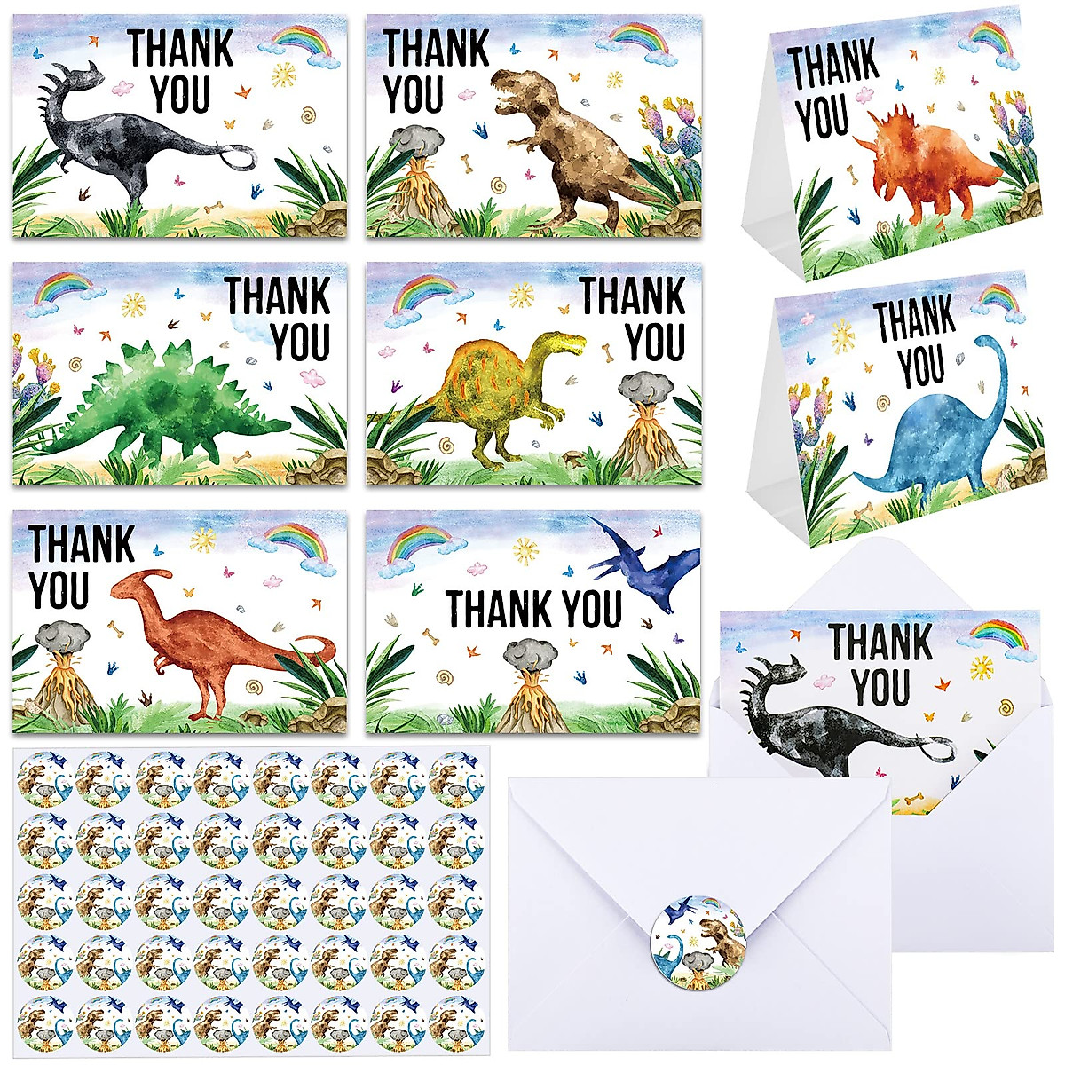 Epakh 40 Pieces Watercolor Dinosaur Thank You Cards with Matching Envelopes and Stickers Jungle Animals Woodland Blank Cards Blank Notes Cards for Birthday Kids Party Baby Shower (Dinosaur Style)