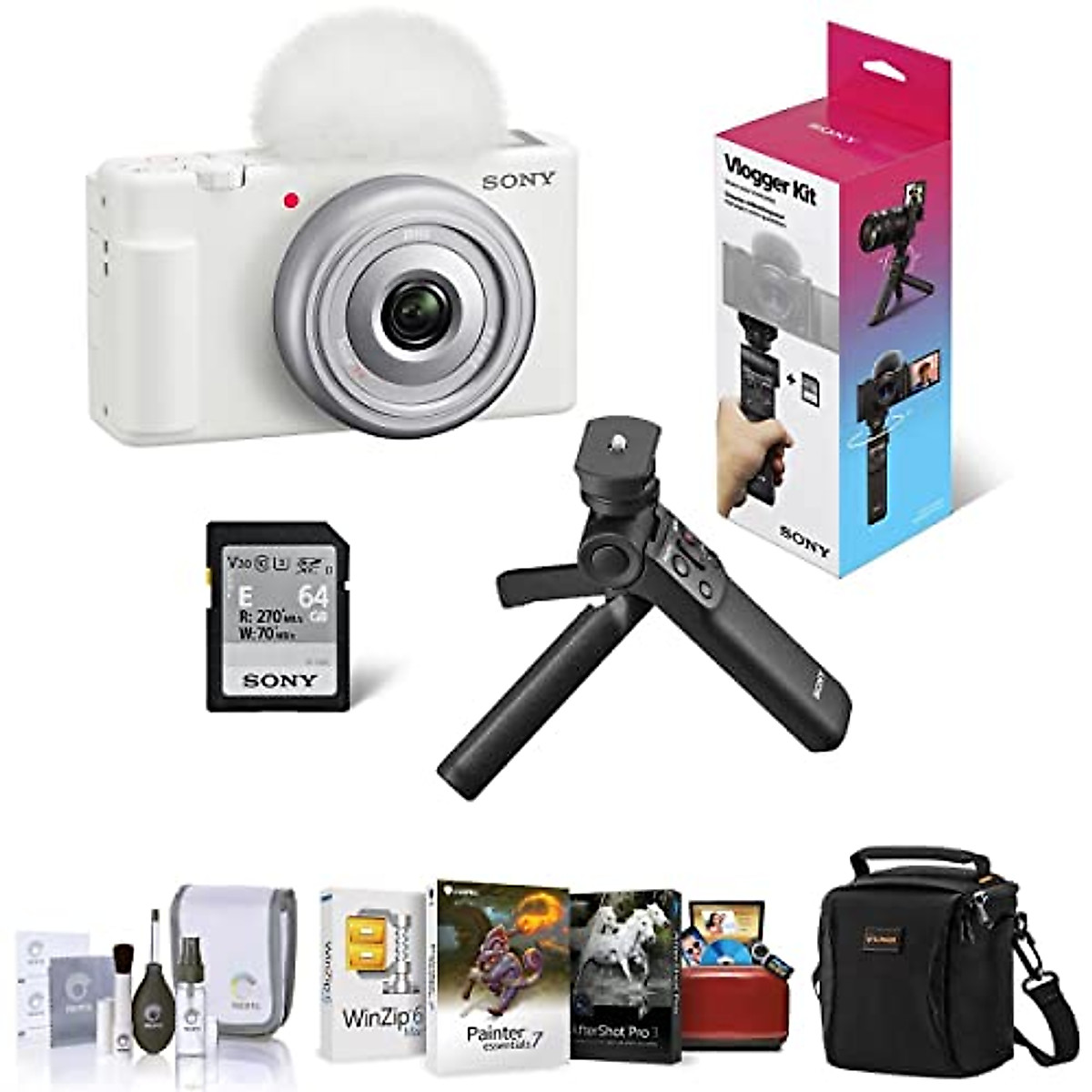 Sony ZV-1F Vlogging Camera, Black White with ACCVC1 Vlogger Accessory Kit, Corel Mac Software Kit, Shoulder Bag, Cleaning Kit