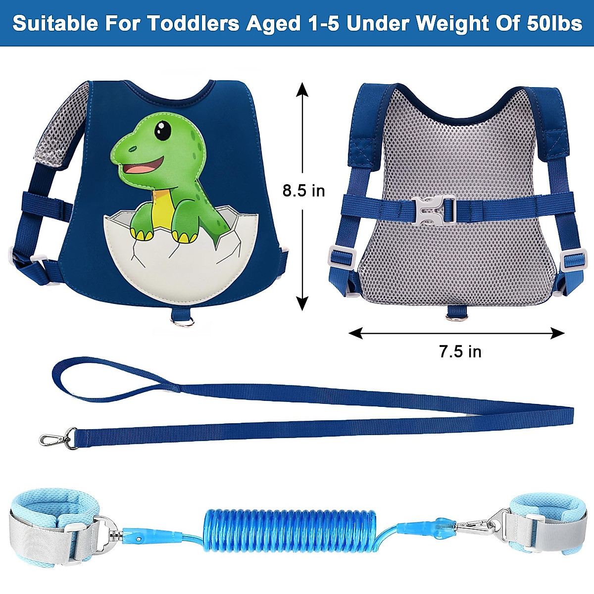 Accmor Toddler Leash Harness, Cute Dinosaur Child Harness Baby Leashes + Anti-Lost Wrist Link, Kids Harness Walking Assistant Strap Belt Tether for 1-4 Years Boys Girls to Travel & Outdoor (Dark Blue)