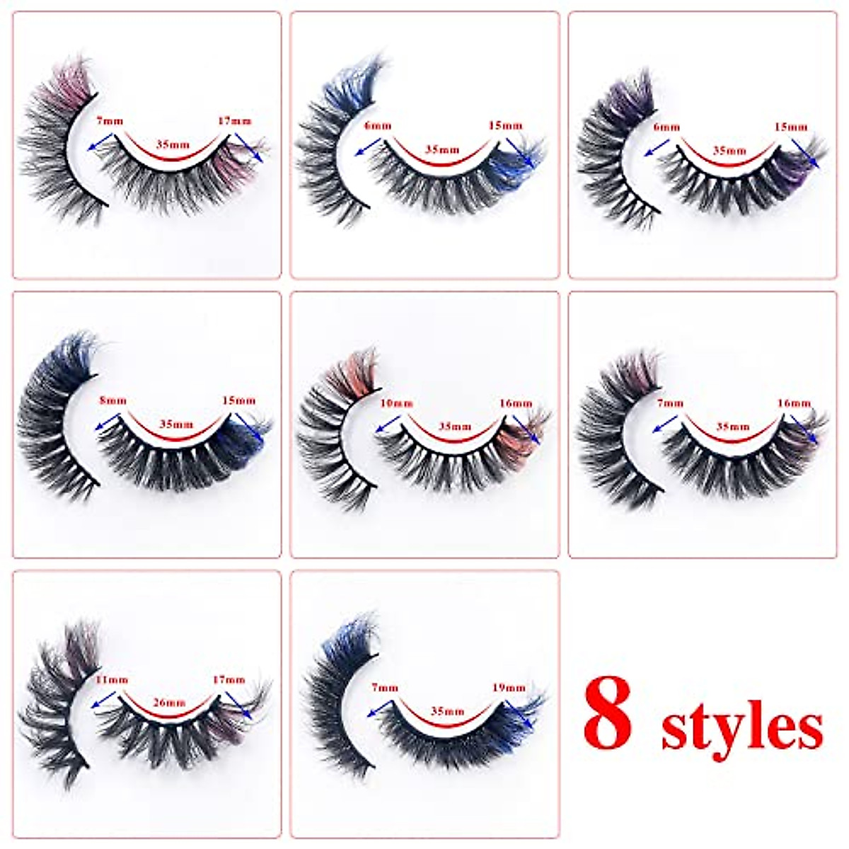 IFLOVEDEKD 10 Pairs Colored Lashes Russian Strip Lashes with 5 Colors 8 Styles Eyelashes Mix Wispy Faux Mink Fluffy Long False Eyelashes Reusable D Curl Lash Strips
