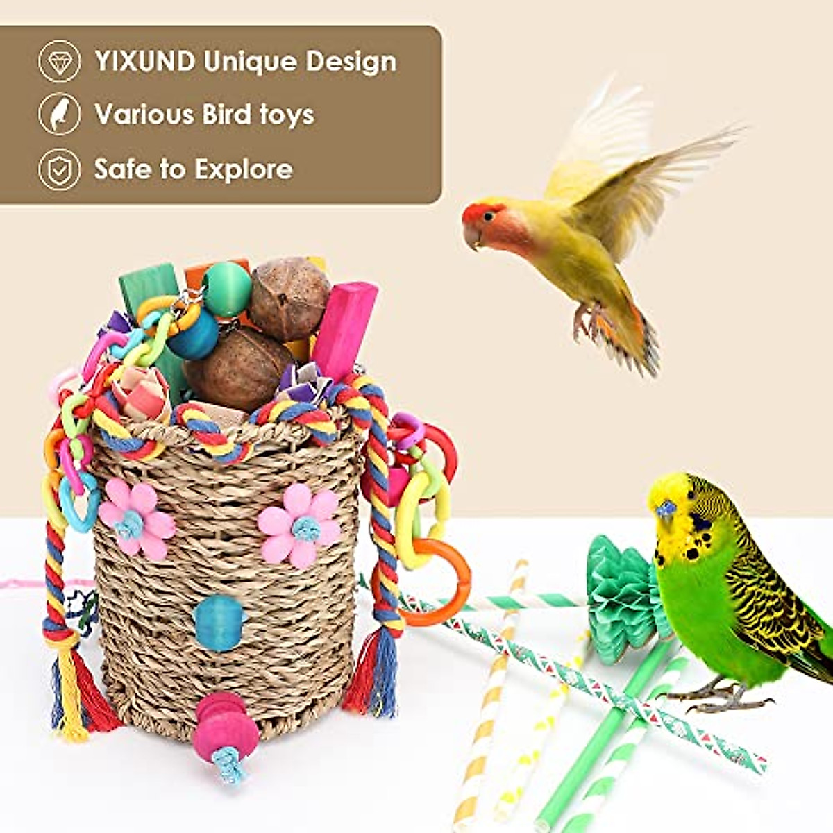 YIXUND Bird Toys,Seagrass Foraging Basket Bird Toy with Colorful Crinkly Paper Wooden Blocks Paper and Bamboo Fingers Nuts DIY Honeycomb Tree for Small Parrot Birds