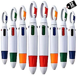 Retractable Shuttle Pens with Carabiner Clip - Pack of 12 Bulk Mini 4-in-1 Multi-Colored Ink Ballpoint Pens with Keychain for Adults, Kids, Nurses, School, Stocking Stuffer Gifts, Party Favors