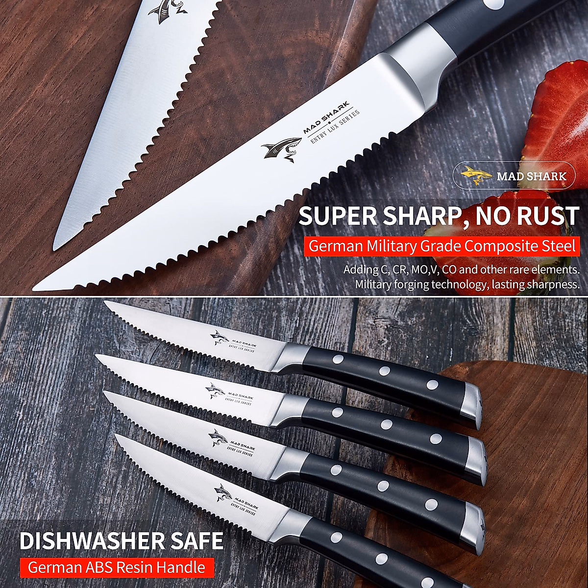 MAD SHARK Steak Knives Set of 8, Premium 4.5-inch Serrated Steak Knife Set, Ultra Sharp German High Carbon Stainless Steel Triple Rivet Collection 8-Piece Kitchen Steak Knife Set with Gift Box