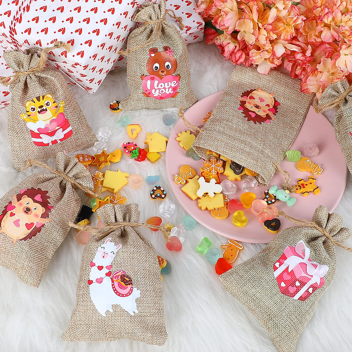 CCINEE 36PCS Valentine's Day Burlap Bags, 4"x6" Heart Love Shaped Drawstring Gift Bags Candy Pouches Linen Pockets for Valentine's Day Wedding Birthdays Party Favor Gift Bags