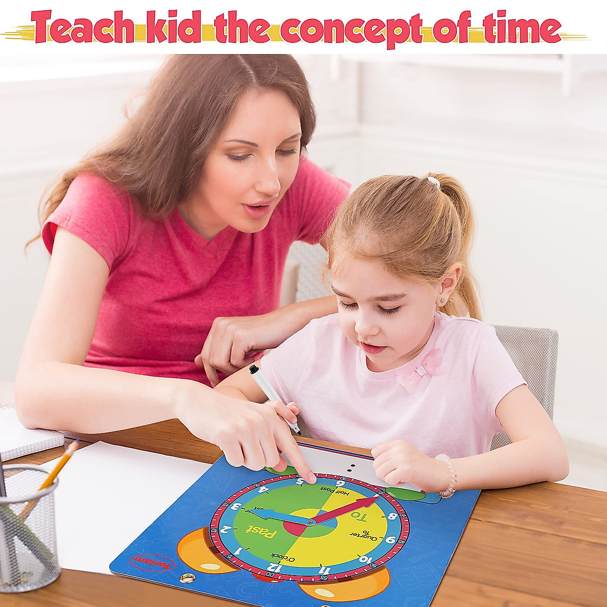 Magnetic Writable Dry Erase Learning Clock | Clock for Kids Learning to Tell Time | Large 12" Demonstration Teaching Time Practice Clock with Dry Erase Writing Surface | Pen Included | (Dark Blue)