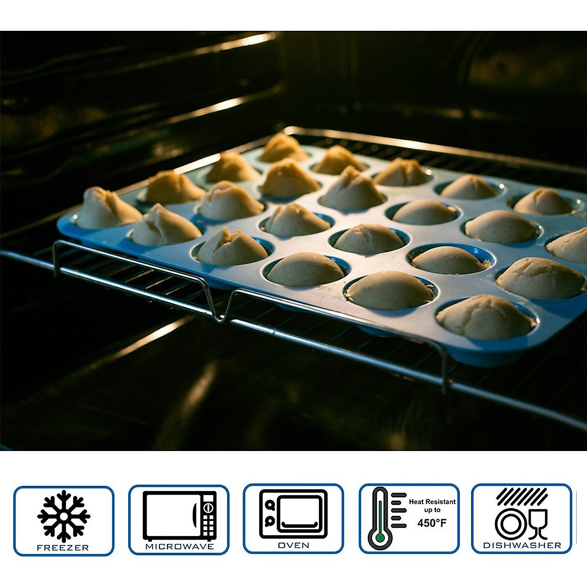Amison Mini Muffin Pan 24 Cups, 2 Packs Silicone Cookies Cupcake Bakeware Tin Soap Tray Mould Non stick, BPA-free, Dishwasher Safe (Blue)