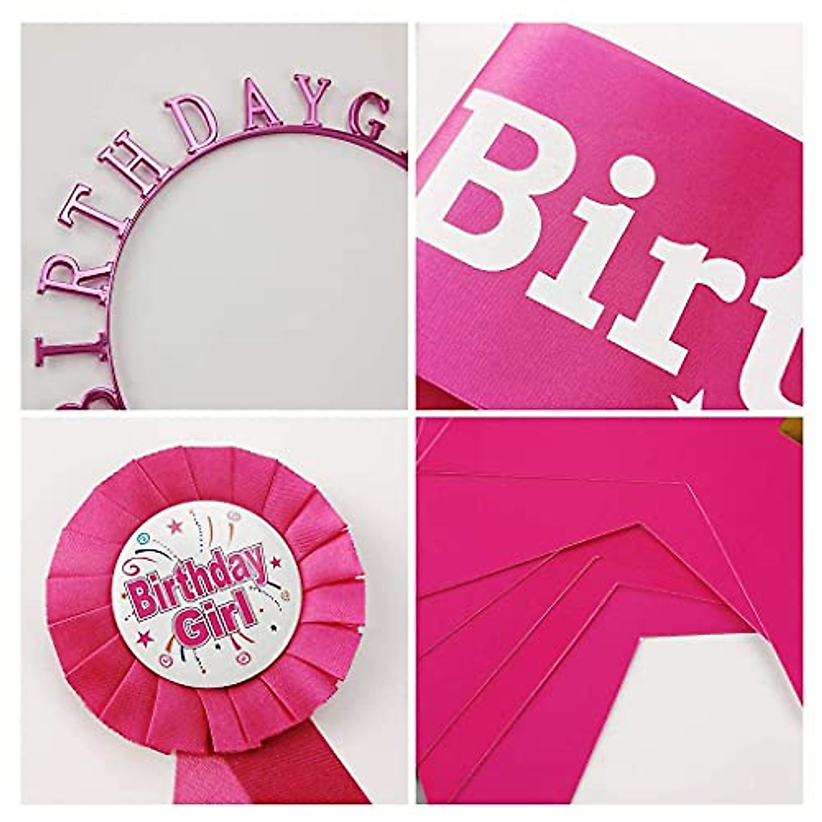 Happy Birthday Decorations Banner for Girls Pink Birthdy Girl Headband Sash Pin Button for Little Girls Birthday Party Favos Supplies Accessories , 4 Pcs