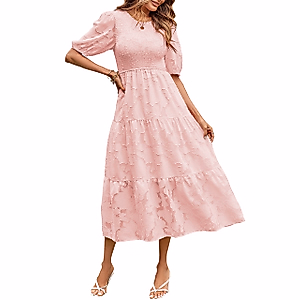 MEROKEETY Summer Dress for Women Elegant Smocked Short Puff Sleeve Floral Solid Midi Maxi Dresses,Pink,L