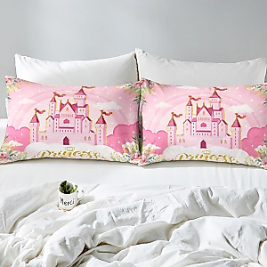 Manfei Princess Twin Bedding Sets for Girls,Pink Castle Dreamy Comforter Cover Kids Bedroom Decor,Flowers Bed Set,Fairy Tale Theme Duvet Cover Cute Blanket,Gifts for Girl,No Comforter
