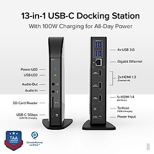 Plugable 13-in-1 USB-C Triple Monitor Docking Station, 100W Laptop Charging, DisplayLink Docking Station for Mac (Driver Req), Windows, Chrome (3 HDMI, 1 USB-C with 20W Charging, 4 USB, Ethernet, SD)