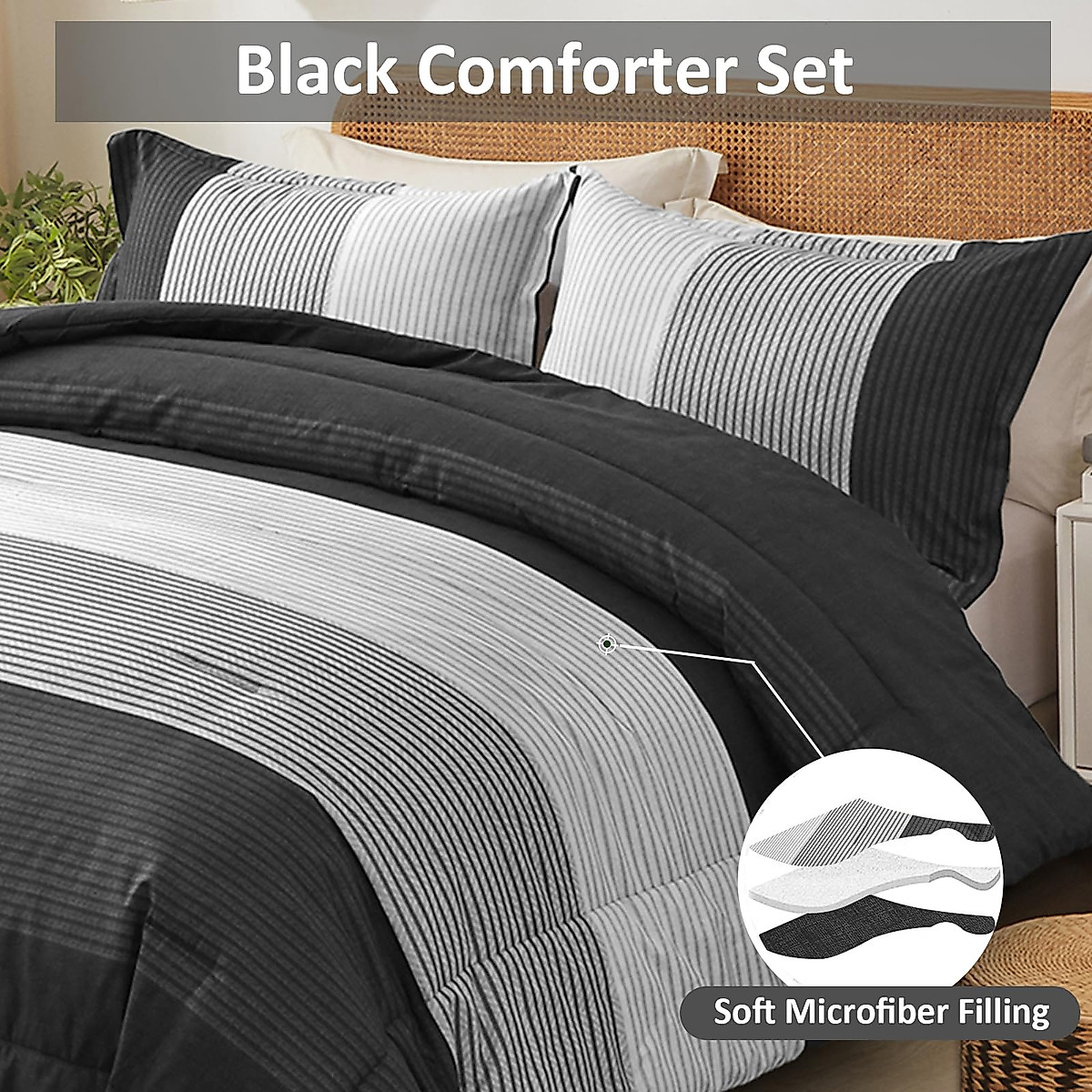 WONGS BEDDING Black Comforter Set Queen, Reversible Black Grey Stripe Down Alternative Comforter for All Season,3 Pieces(1 Patchwork Comforter+2 Pillowcases), Soft Microfiber Bedding Set 90"×90"
