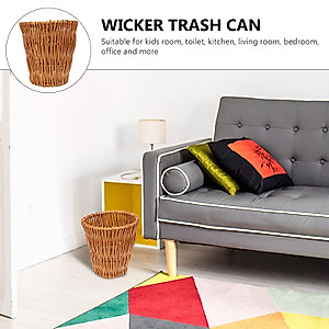 Wakauto Desktop Organizer Wicker Rattan Waste Basket Woven Trash Can Garbage Can Vintage Waste Bin Wastebasket Beige Creative Storage Basket