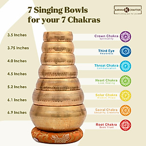 Karma Crafter Tibetan Singing Bowl Set Handcrafted in Nepal - 7 Chakra Bowl for Sound Bath, Meditation, Yoga, Mindfulness and Healing
