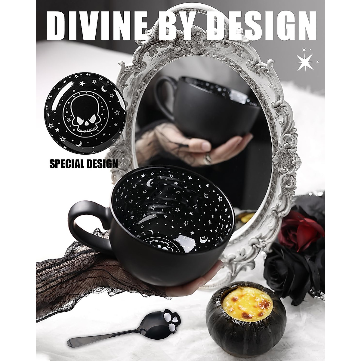 Taruzil Midnight Skull Coffee Mugs with Spoons, Halloween Christmas Birthday White Elephant Gifts for Adult Women Men Friends, Spooky Witchy Gag Fun Gifts Gothis Decor Novelty Tea Cups