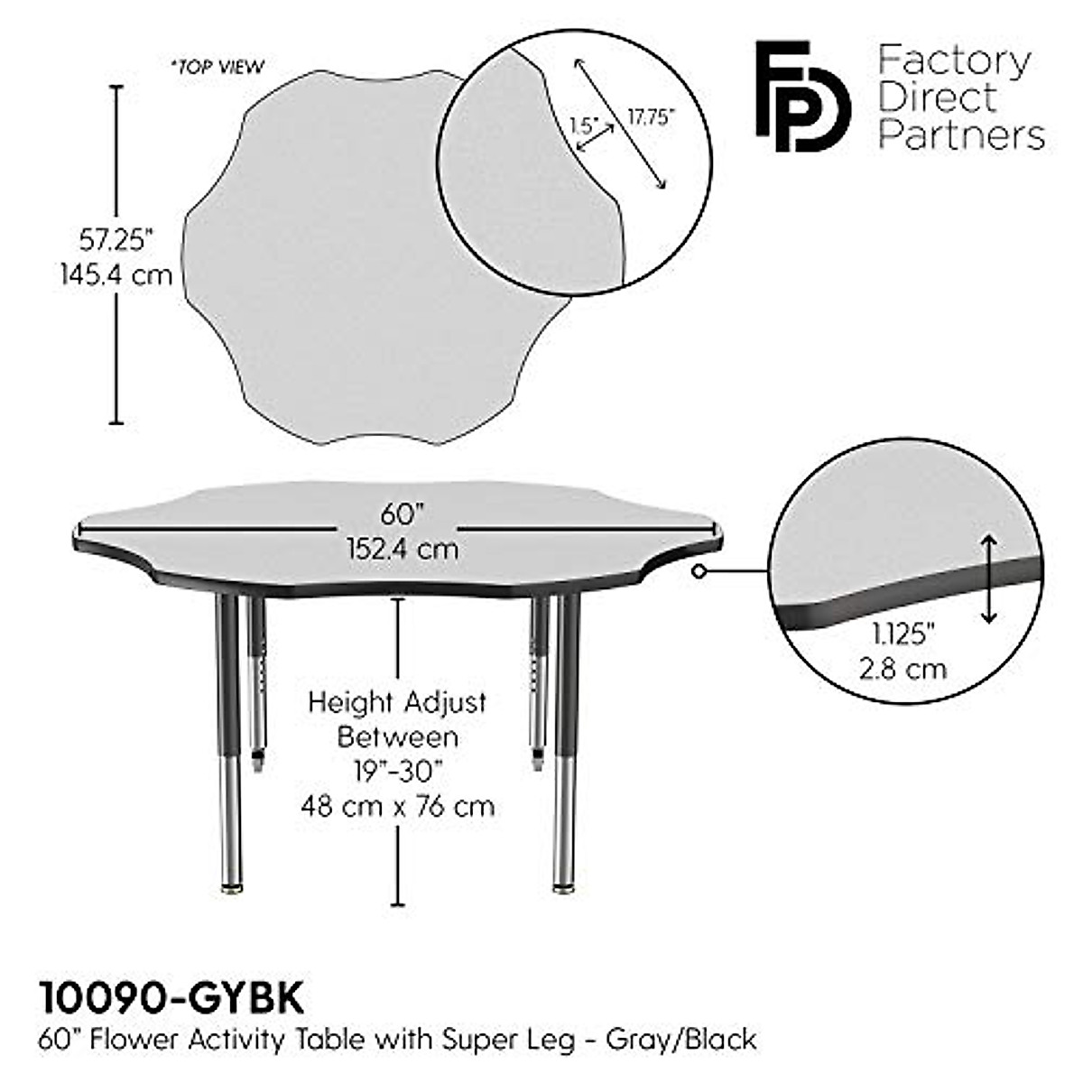 Factory Direct Partners 10091-GYBL Mobile Flower Activity School and Office Table (60"), Super Legs with Glides and Casters, Adjustable Height 19-30" - Gray Top and Black Edge