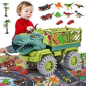 skirtoy Dinosaur Toys for Kids, Dinosaur Transport Truck with Activity Playmat, 2 Friction Powered Vehicles, 4 Colorful Dinosaur Figures, Small Dino Carrier Cars Birthday Gift for Children Age 3-5-7