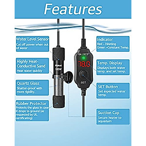 Kulife Fumak 100W Adjustable Aquarium Heater Super Short Submersible Fish Tank Heater Fish Heater with LED Digital Display Thermostat, for Tanks 10-20 Gallons