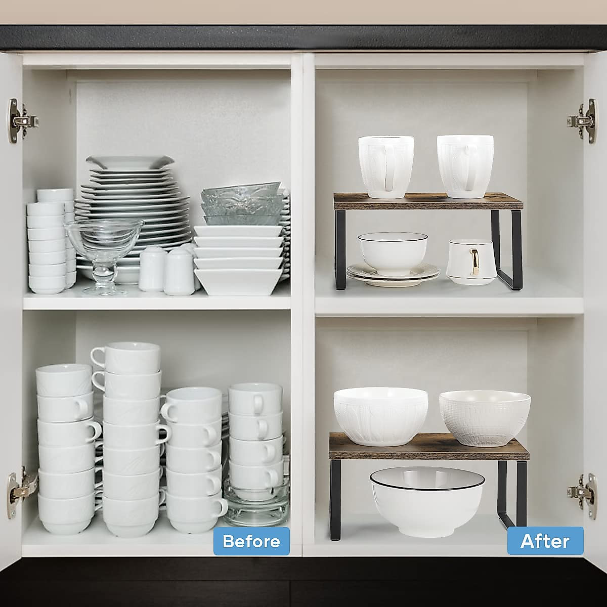 MOOACE Kitchen Counter Shelf, Stackable Cabinet Shelf Organizers Expandable Countertop Shelf for Pantry - Set of 4 - Brown