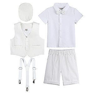 A&J DESIGN Baby Boy Baptism Outfits Toddler Christening Suits Wedding Ring Bearer Formal Suspenders Dress Clothes with Hat Ivory 3T