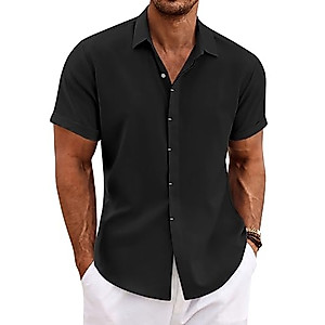 COOFANDY Men's Linen Shirts Short Sleeve Casual Shirts Button Down Shirt for Men Beach Summer Wedding Shirt Black